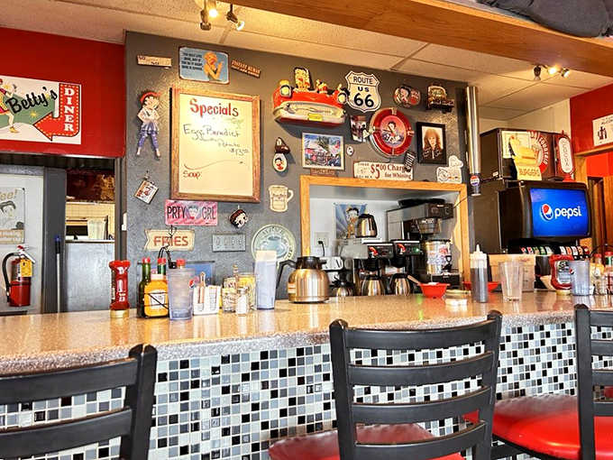 Where everybody knows your name... or at least your coffee order. This counter is the heart of Betty's, serving up gossip and goodies in equal measure.