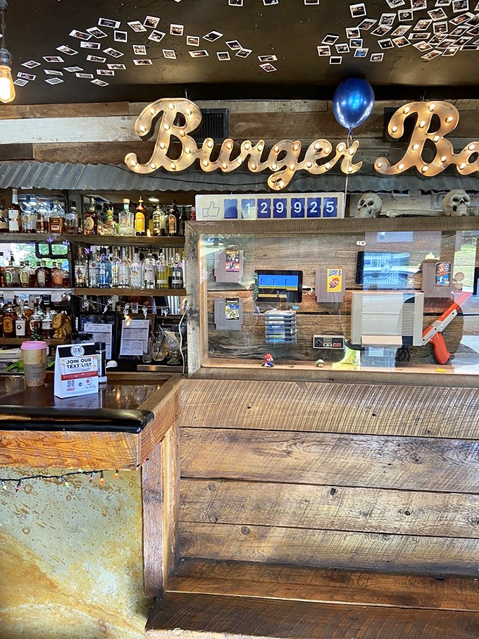 The "Burger Bar" sign illuminates like Broadway marquee lights, promising a show-stopping performance for your taste buds.