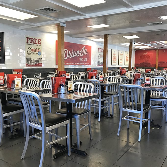 Pull up a chair and join the feast! This dining area is where strangers become friends, united by their love for great burgers.