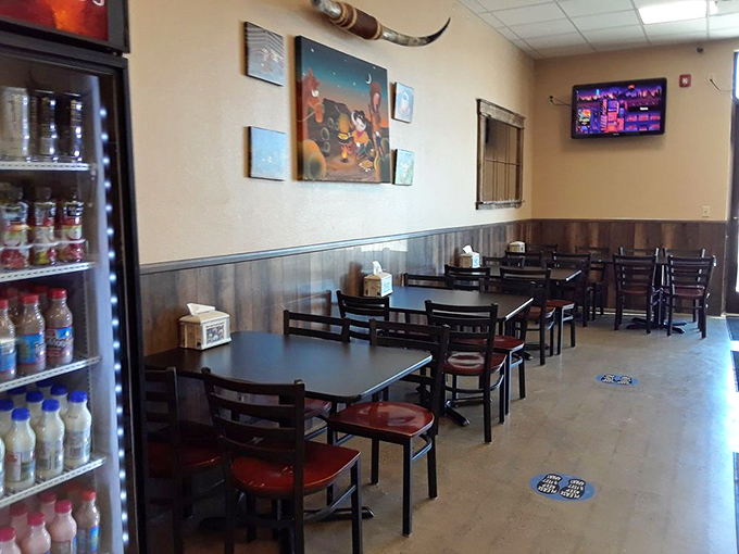 Saddle up to these tables, partner! The dining area is as cozy as a campfire under the Wyoming stars.