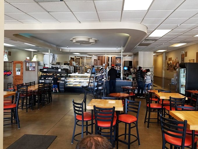 Where donut lovers unite! This dining area is like the Switzerland of sweet treats &ndash; neutral territory for indulgence.