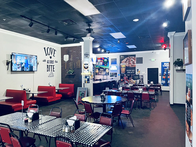 Love at first bite! This dining area is where pizza dreams come true and diet resolutions go to die.