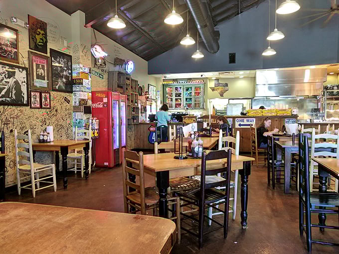 Pull up a chair and stay awhile! This dining area is as inviting as your grandma's kitchen, but with better BBQ.