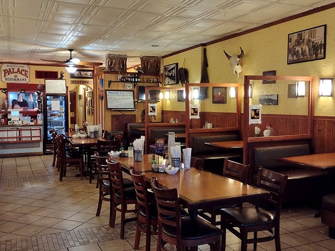 The dining area: Where strangers become friends over shared love of good grub. It's like Cheers, but with better food and more cowboy hats.