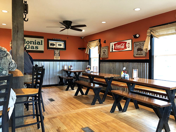 Pull up a bench and prepare for a feast! This dining area's cozier than your favorite flannel shirt, with a side of BBQ sauce.