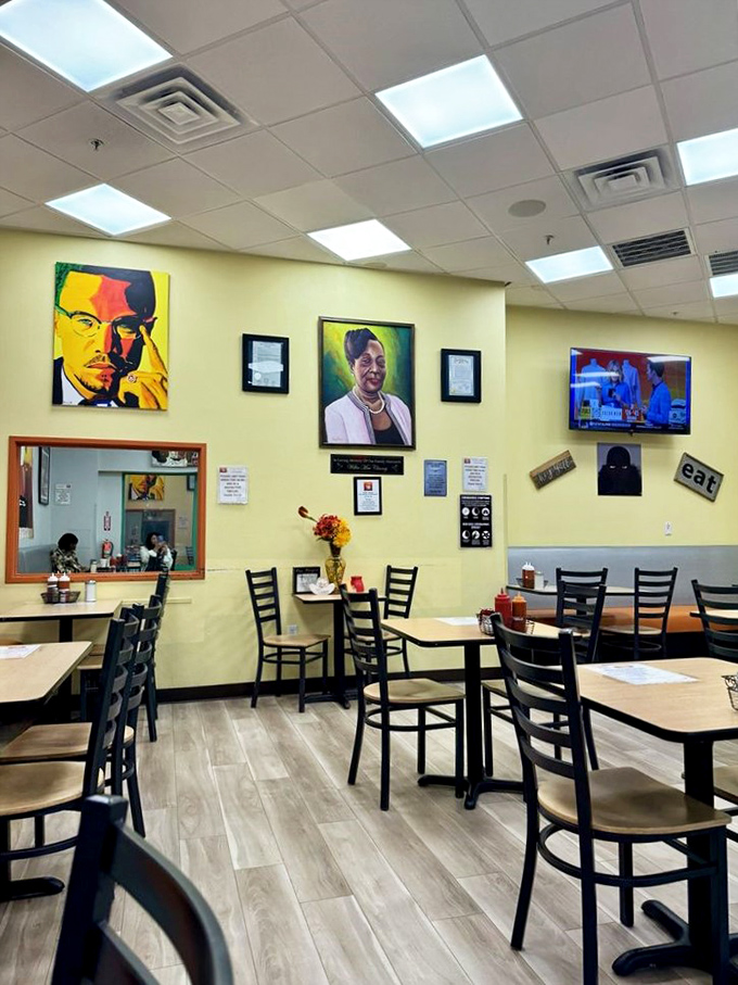 Art on the walls, comfort on the plates. This dining area is where memories are made, one delicious bite at a time.