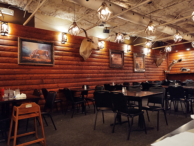 Dine under the watchful eyes of&hellip; well, everything! This room's got more mounted heads than a taxidermist's convention.