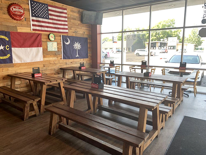 Picnic tables indoors? Genius! It's like a year-round BBQ party, minus the ants and unpredictable weather.