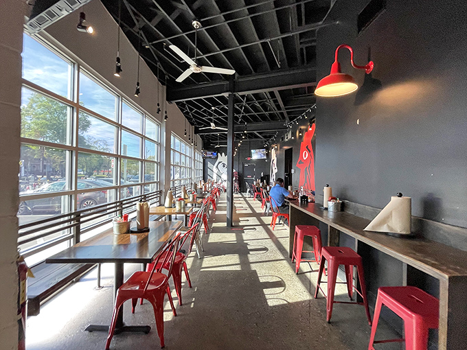 Dine in style! This modern, airy space is like the hip loft apartment of chicken joints, inviting you to stay awhile.