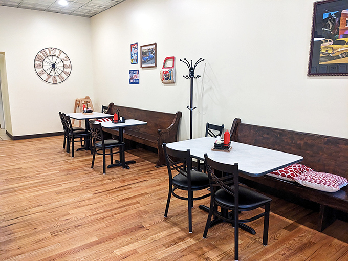 Church pews repurposed as booth seating&mdash;because the only thing more sacred than Sunday service is a good breakfast on any day of the week.