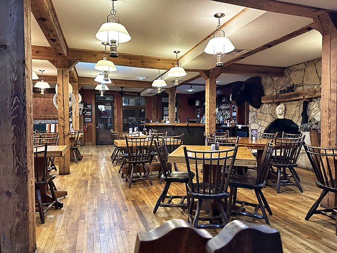 Rustic beams and warm lighting create an atmosphere cozier than a bear hug from Paul Bunyan.