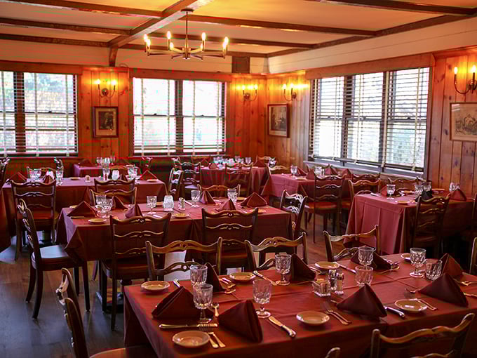 Red tablecloths and wood paneling: a timeless combo that says, "Prepare for a meal you'll be bragging about for weeks."