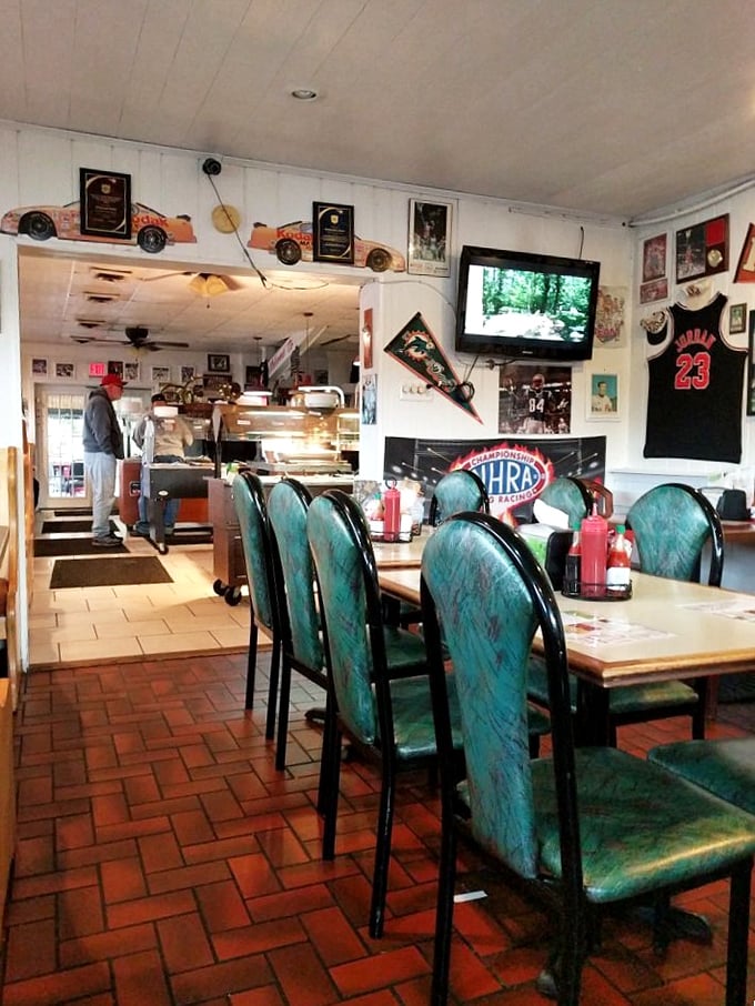 Pull up a chair and stay awhile! This dining area's got more character than a soap opera marathon, with a side of sports memorabilia.
