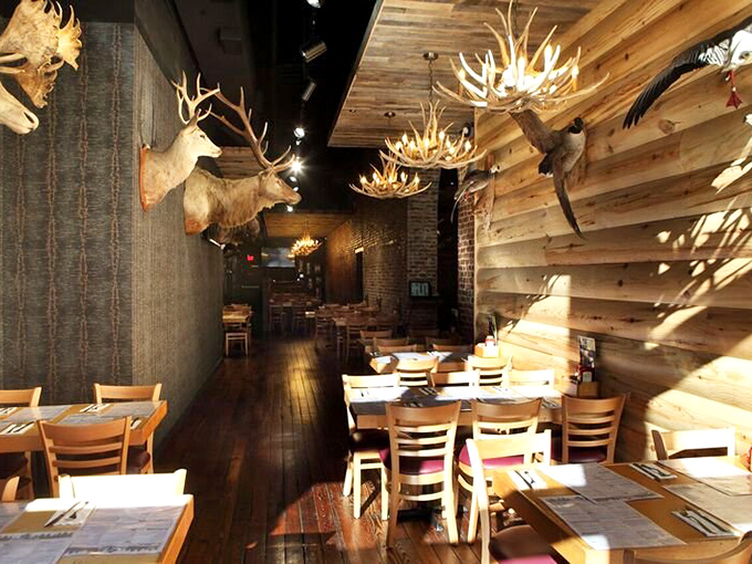 The dining area is like a cozy lodge where Paul Bunyan might grab a bite. It's the perfect blend of rustic charm and modern comfort.