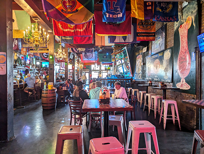 Where college pride meets chandelier chic. It's like a frat house grew up and got a job, but kept its personality.