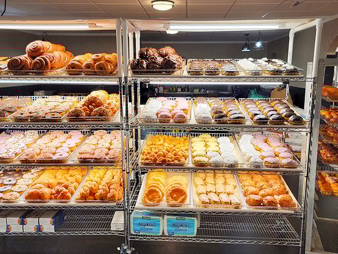 A wall of wonder! This display rack is like a museum of edible art, each shelf a gallery of glazed masterpieces.