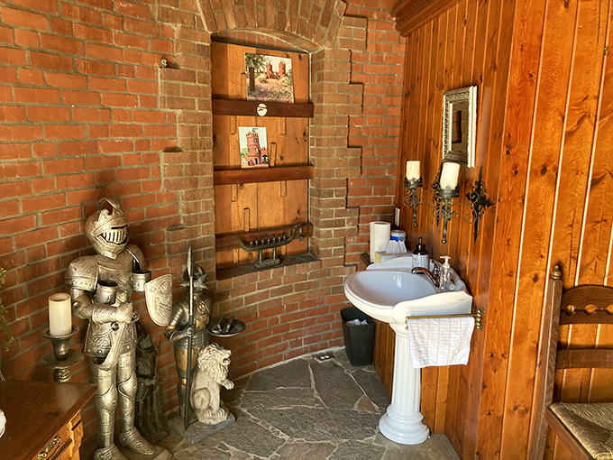 Even Merlin would approve of this magical restroom. Who knew medieval charm and modern conveniences could coexist so beautifully?