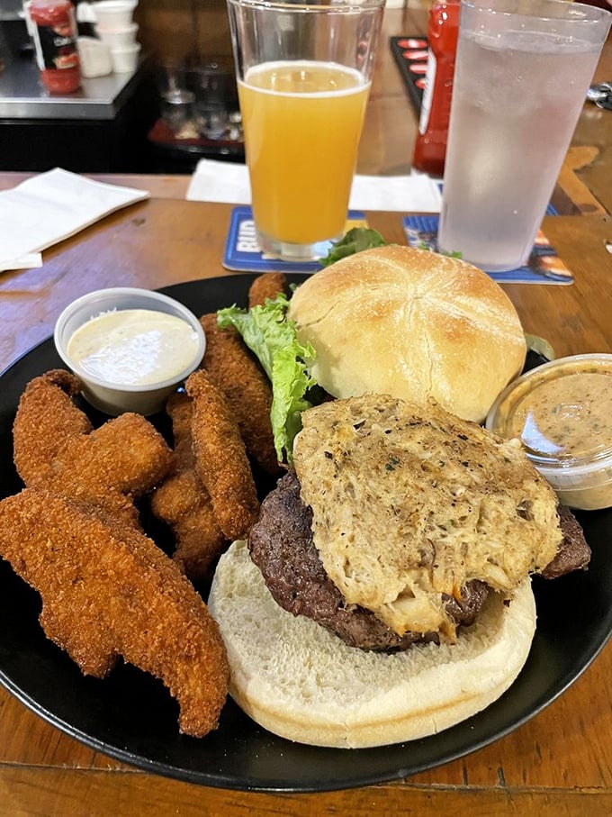 The "Land and Sea Burger" – where cow meets crustacean in a bun-hugging embrace. It's surf 'n' turf for the sandwich generation!