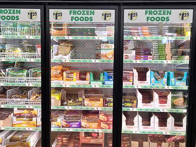 Microwave gourmet on a budget! These shelves are stocked with enough quick meals to fuel a Netflix binge marathon.