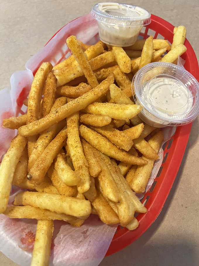 Fries that put the 'bay' in 'Old Bay'! These crispy potato wands are sprinkled with Maryland's magic dust - resistance is futile.
