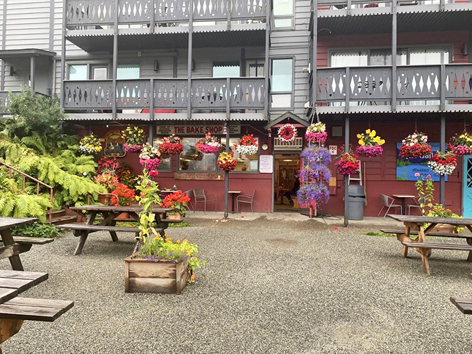 Flower power meets mountain majesty. This outdoor seating area is where "stopping to smell the roses" gets a whole new meaning.