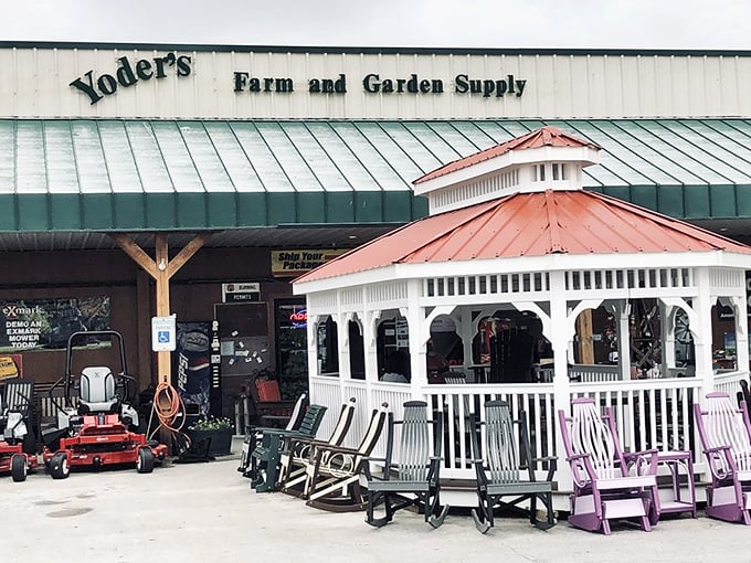 The outdoor display featuring handcrafted furniture proves the Amish approach applies to everything&mdash;why settle for mediocre when excellence is possible?