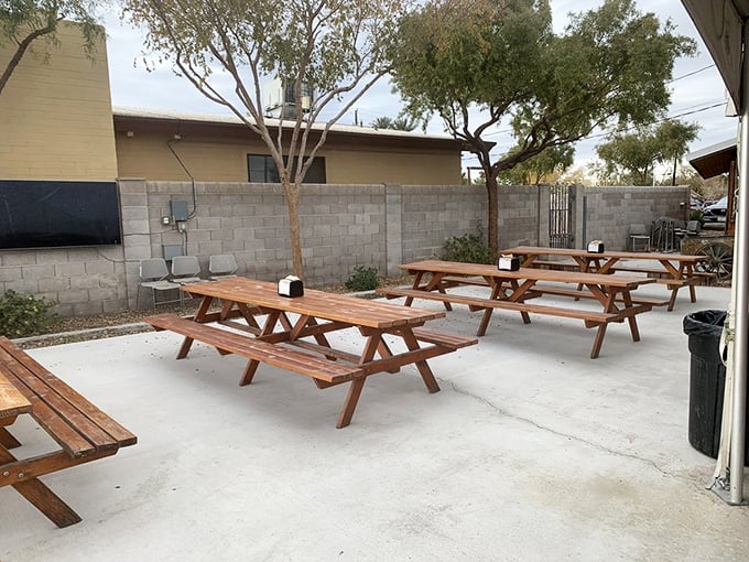 The outdoor picnic tables aren't just seating&mdash;they're front-row tickets to the best smoke show in Vegas, no casino required.