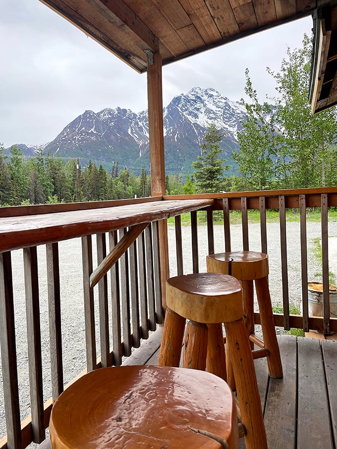Dinner with a view? Check. These rustic stools offer front-row seats to nature's grand Alaskan spectacle.