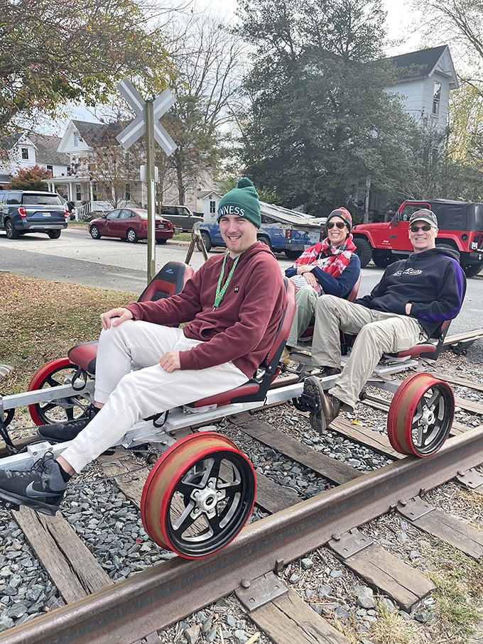 Railbiking offers the thrill of train tracks without the inconvenience of actual trains. These smiling adventurers have discovered transportation's perfect middle ground.