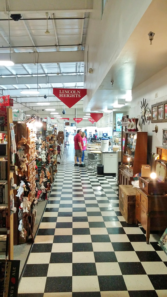Checkmate on the floor! These shoppers are navigating the black and white tiles like chess pieces in a game of "Find That Perfect Tchotchke."