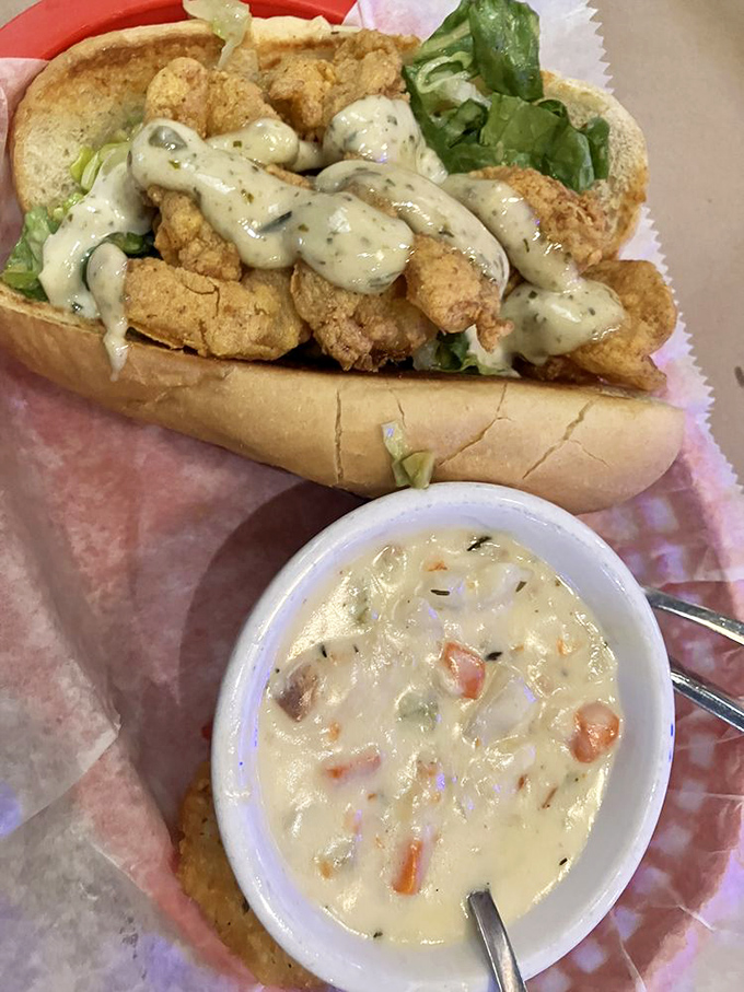 The dynamic duo: A shrimp po' boy that could make New Orleans jealous, paired with clam chowder thick enough to stand a spoon in.