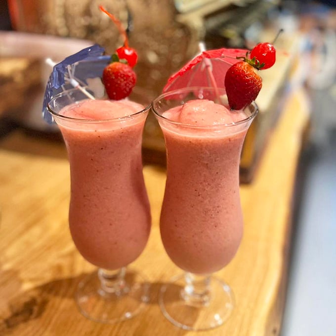 Strawberry Pi&ntilde;a Coladas so pretty, they could be the poster children for the "Drinks That Taste Like Vacation" fan club.