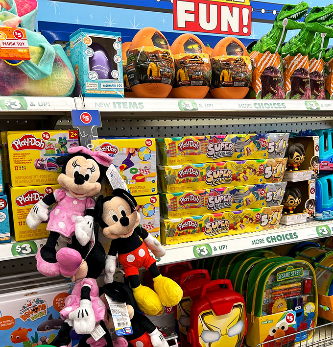 Mickey and Minnie keeping watch over Play-Doh and surprise eggs&mdash;childhood joy packaged at prices that make parents smile too.