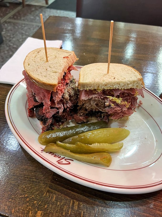 The holy trinity of deli meats! This triple-decker is a towering testament to the art of sandwich crafting.