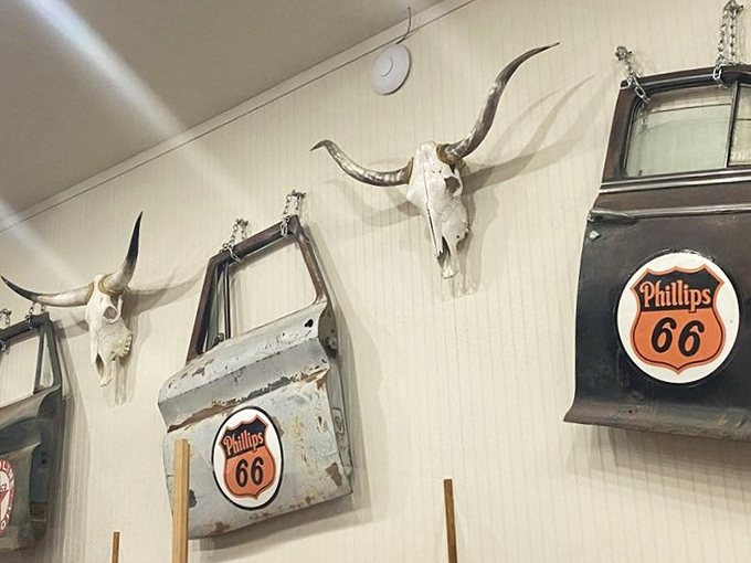 Who says taxidermy can't be stylish? These longhorns are living their best afterlife, keeping watch over diners like guardian angels of good eats.