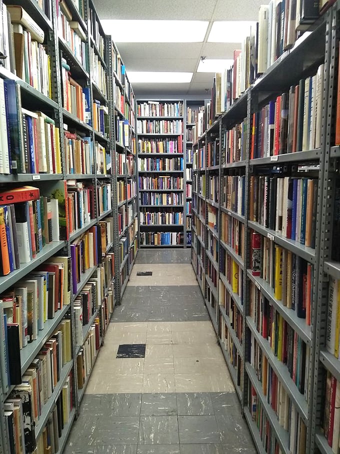 Down the rabbit hole we go! This narrow passage between bookshelves feels like the beginning of Alice's Wonderland adventure.