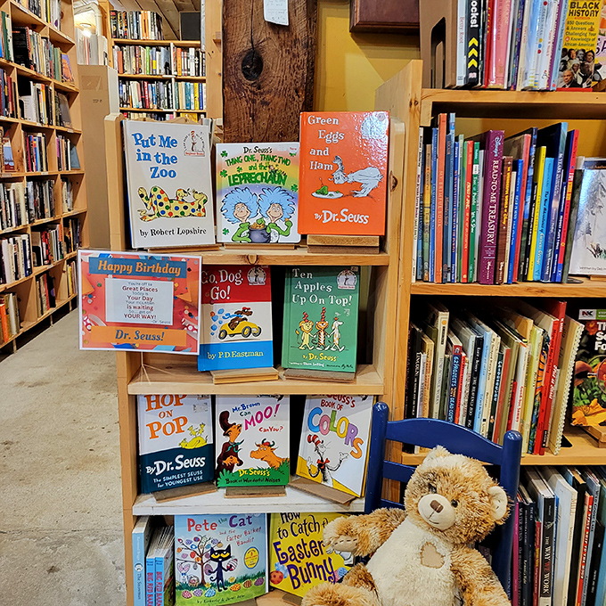 Dr. Seuss and friends await! This corner's got more whimsy than a unicorn's tea party. Don't forget to say hi to the teddy bear.