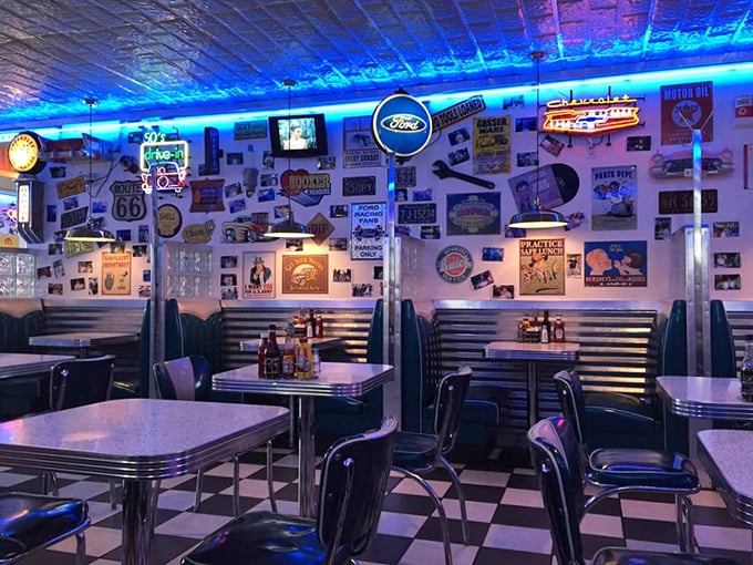 "Neon dreams and chrome gleams! This diner interior is so authentic, you half expect the Fonz to walk in any minute."