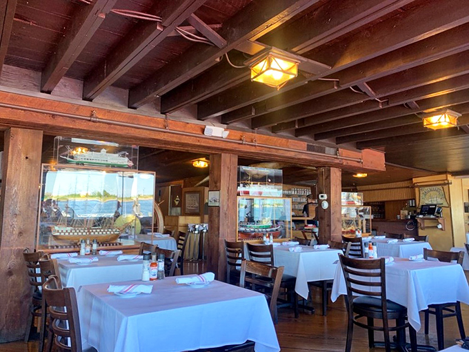 The dining room's got more wood than a lumberjack convention. But trust me, the only thing you'll be sawing is your seafood.