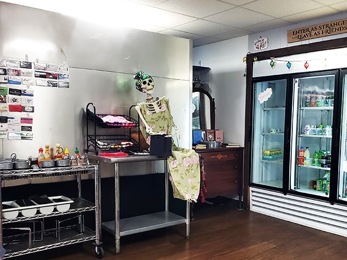 Welcome to the land of whimsy and good eats. That skeleton? He's just hanging around for the bone-appetit jokes.