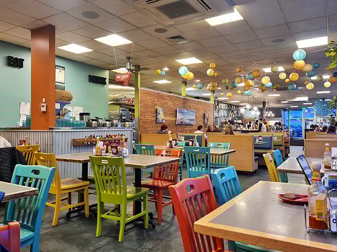 Inside Snow City Cafe, where the atmosphere is as warm as a bear hug and twice as colorful. It's like Willy Wonka designed a diner!