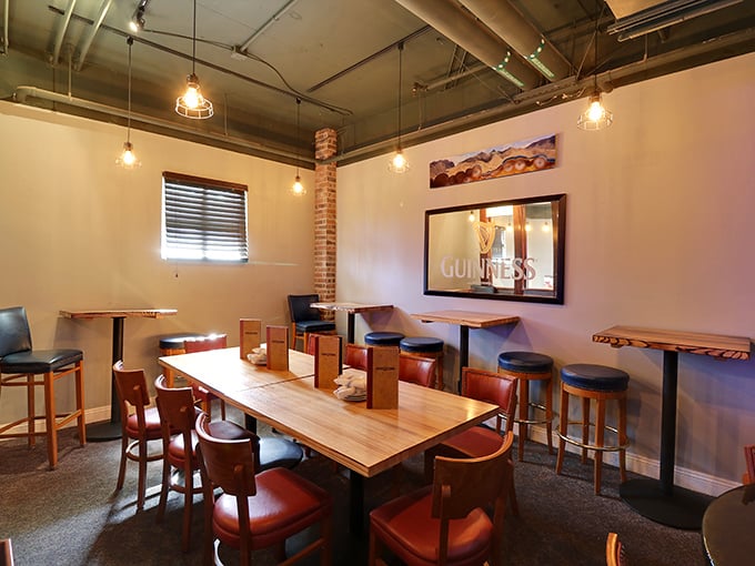 The private dining area feels like discovering the cool kids' table, where exposed brick and live-edge wood tables set the stage for serious eating.