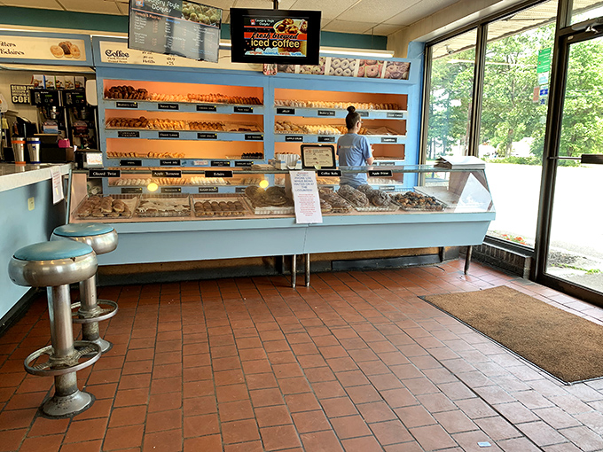 No Edison bulbs or reclaimed wood here&mdash;just honest-to-goodness donuts in their natural habitat. The blue and orange color scheme is purely coincidental genius.