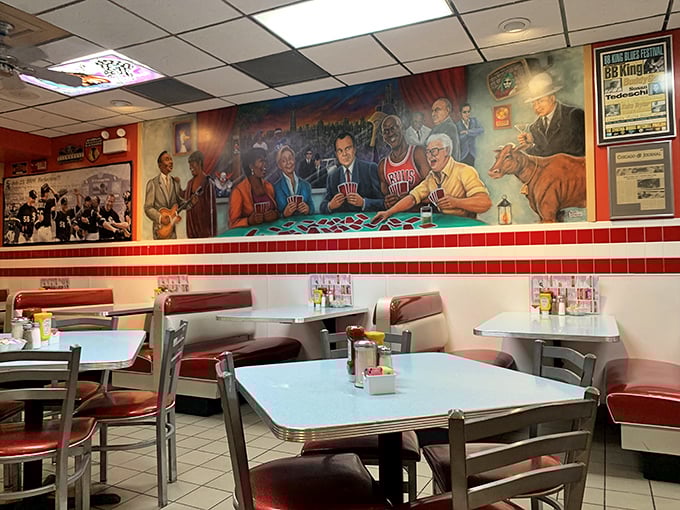 The walls tell stories with Chicago-themed murals, while the red and white color scheme reminds you this is no-pretense dining at its finest.