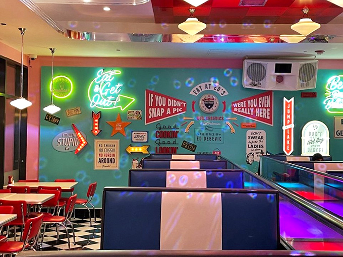 Step into a Technicolor time warp! Ed's interior is like a 1950s sitcom set designed by someone who really, really loves neon.