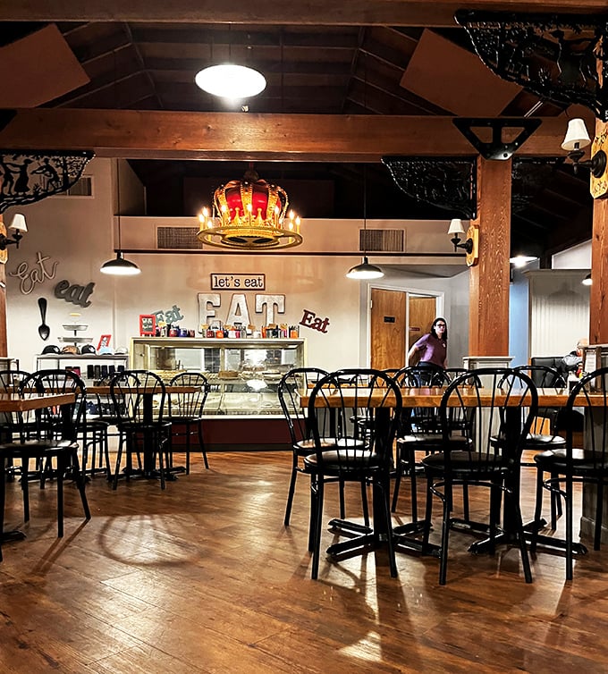 Dine like royalty! With its crown chandelier and rustic-chic vibe, this space feels like a cozy castle dining hall transported to the Kansas plains.