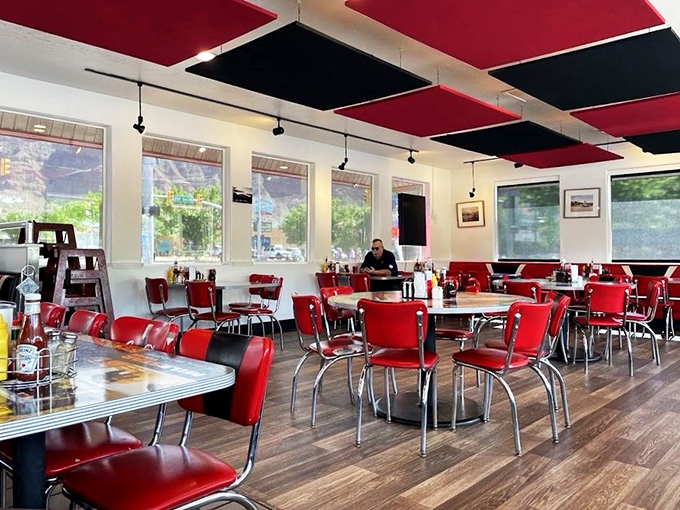 Red, chrome, and retro all over. The diner's interior is like a time capsule, minus the stale air and plus some seriously good eats.