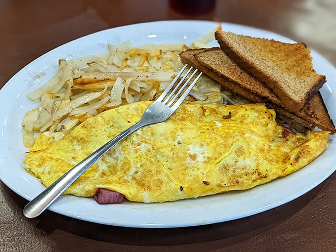 This omelet's so perfectly folded, it could teach origami classes. Paired with toast that's achieved golden perfection.
