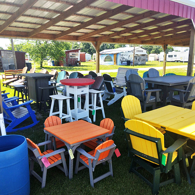 Take a load off! This rainbow of outdoor furniture invites weary shoppers to rest their feet and plot their next treasure-hunting move.