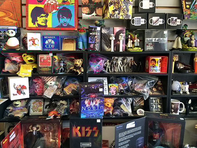 Pop culture paradise! From Star Wars to KISS, this toy shelf is a nostalgic trip through entertainment history.